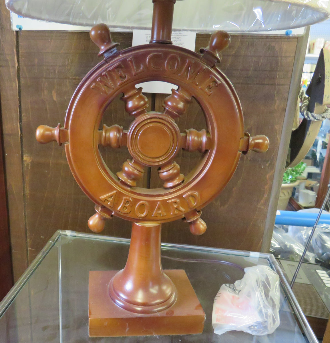 Nautical Ships Wheel Welcome Aboard Table Lamp with Taupe Drum Shade 1 ...